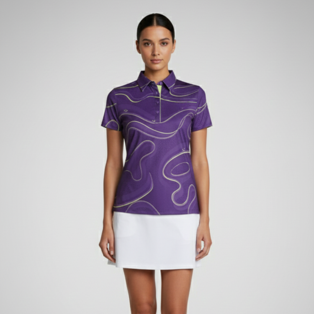 "Tribal Flow" Neon Violet - OGA Women's Polo - Dark Violet / Neon Gree ...