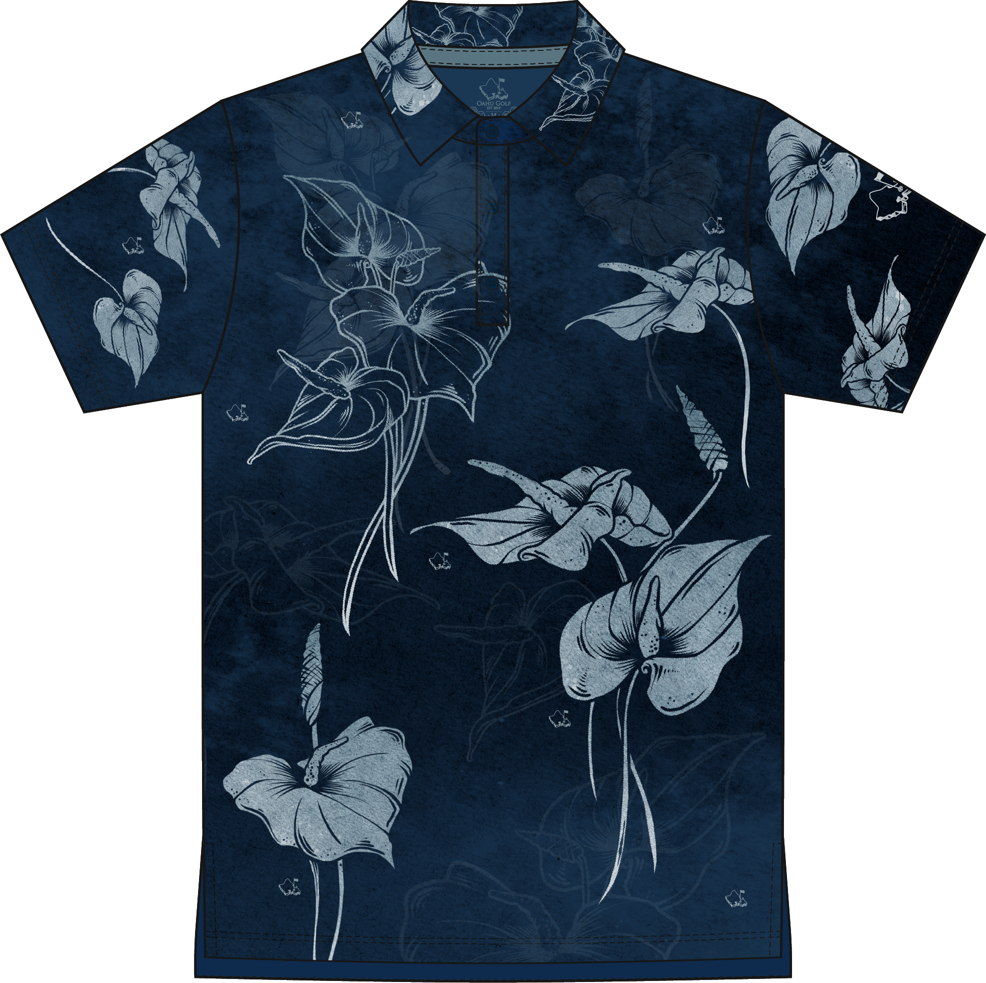 "Anthurium" Dark Night - OGA Men's Polo - Night Blues – Oahu Golf Apparel
