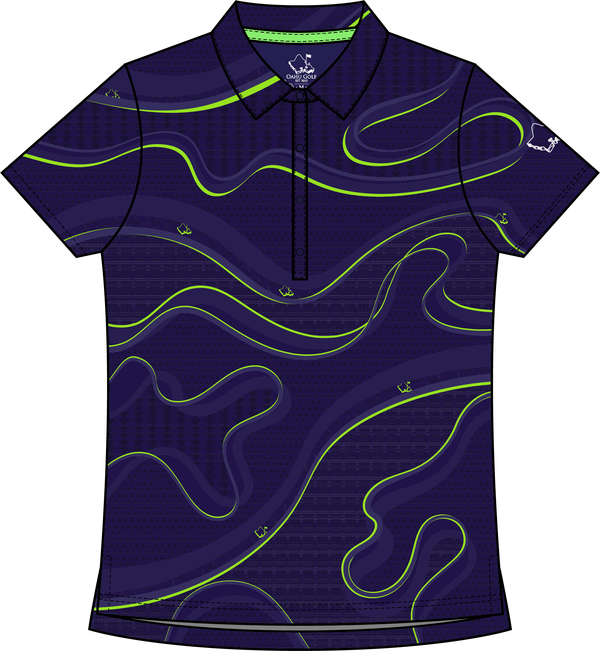 "Tribal Flow" Neon Violet - OGA Women's Polo - Dark Violet / Neon Gree ...